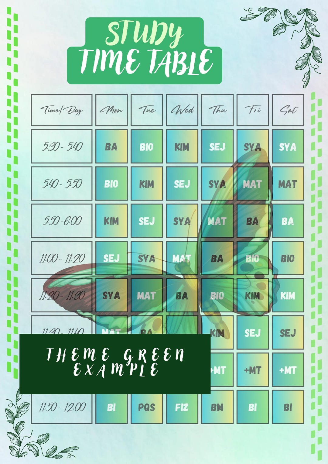 Custom Study Timetable | Theme : Green | Personalized Study Planner ...