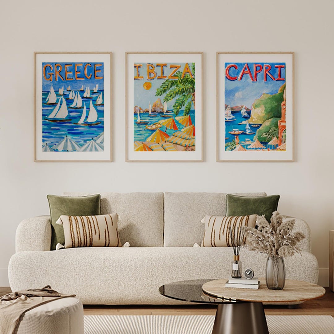 Mediterranean Travel Art Prints: Greece, Ibiza, Capri - Retro Coastal ...