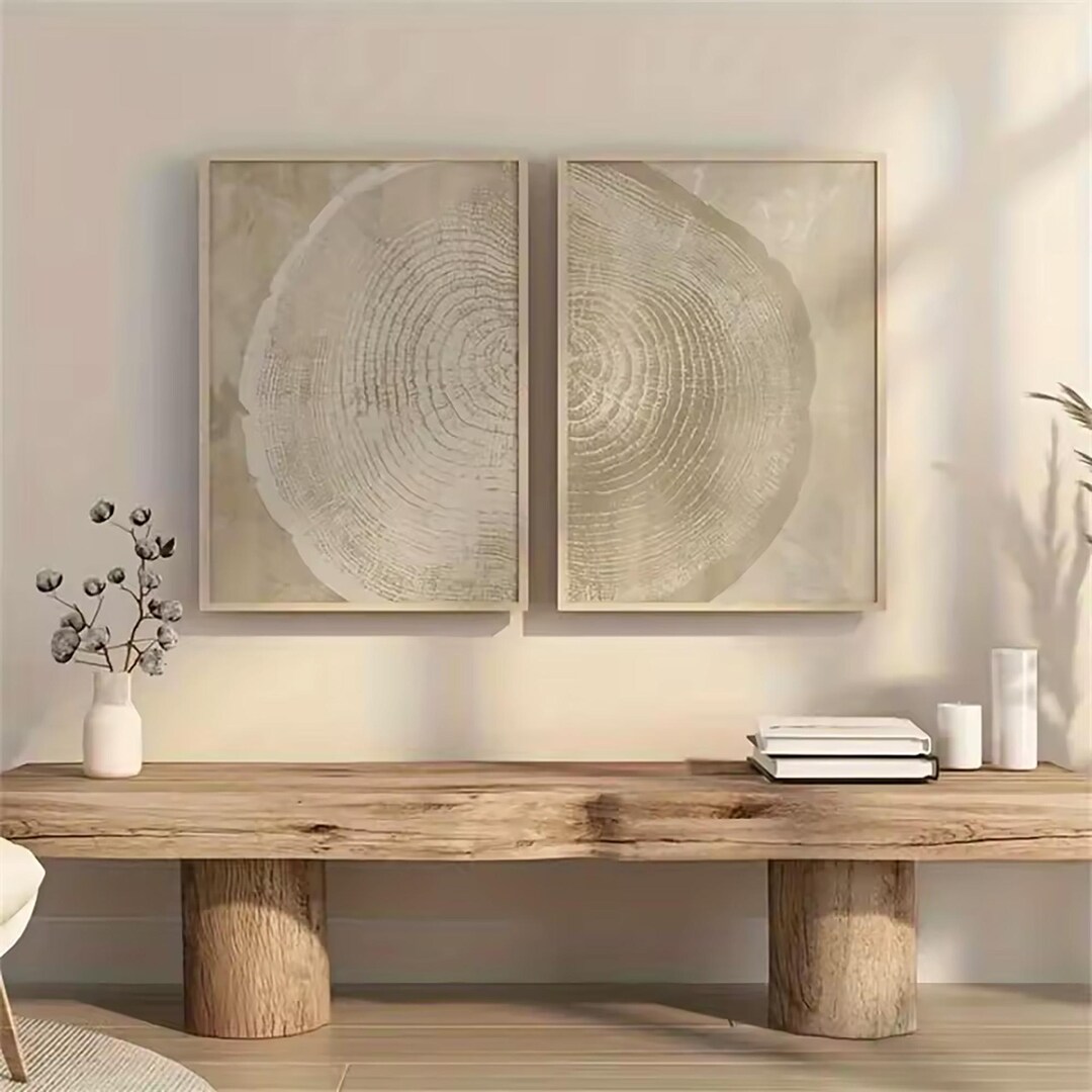 Abstract Tree Ring Wall Art Set of 2, Beige Tree Ring Prints, Large ...