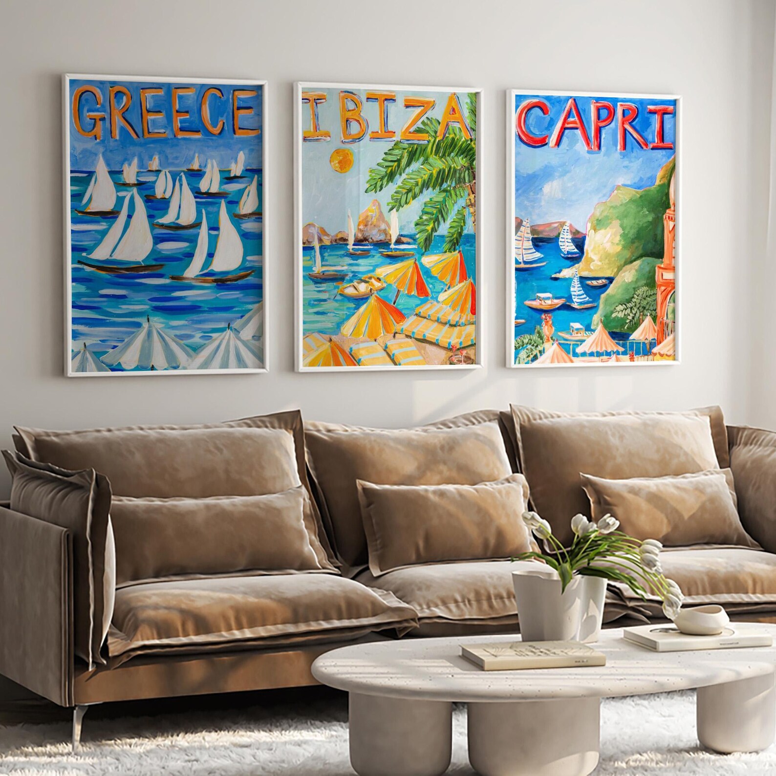 Mediterranean Travel Art Prints: Greece, Ibiza, Capri - Retro Coastal ...