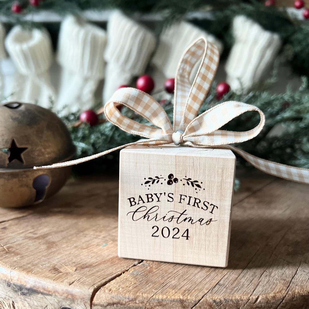 BABY'S FIRST CHRISTMAS Block Ornament With Stats | Personalized Wood ...