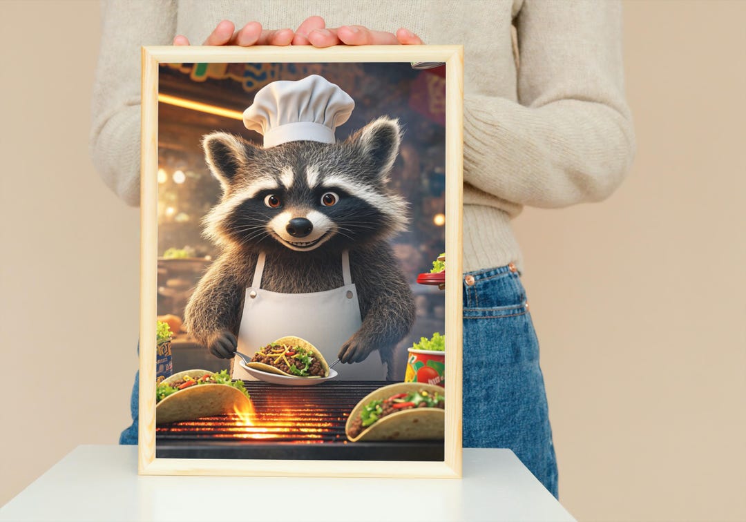 Raccoon Taco Chef Print – Pixar-style Animal Wall Art, Quirky Kitchen ...