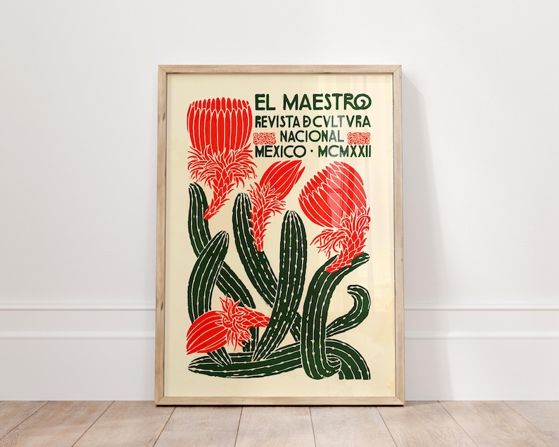 El Maestro Vintage Mexican Poster, Cactus Botanical Wall Art, Mexico ...