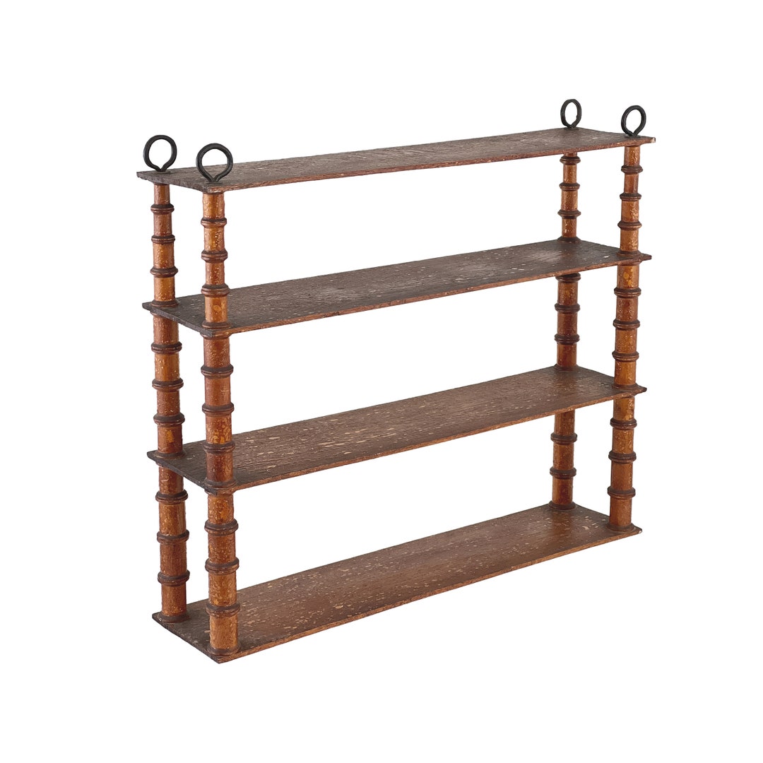 Antique 1910s Hanging Folk Art / Tramp Art 4-tier Wood Spool Wall Shelf ...