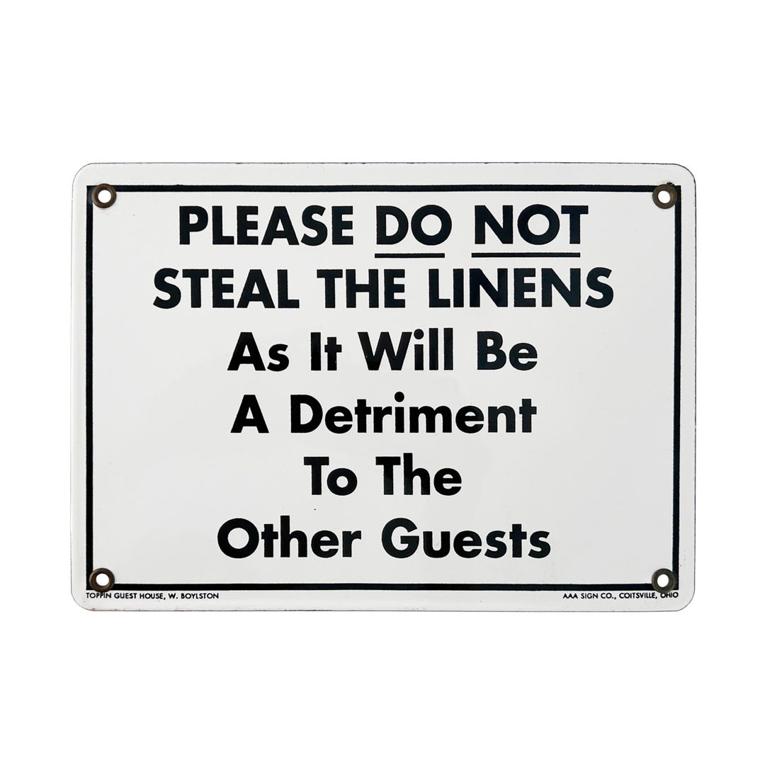 Vintage 1950s 10" X 7" Enameled Metal "please Do Not Steal the Linens ...