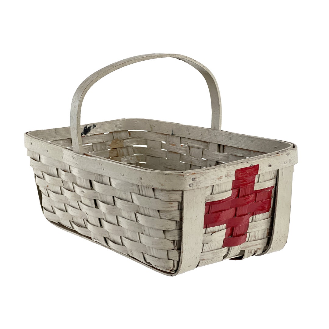 Antique 1910s WWI Era Painted Gray Splint Carrying Basket W/ Red First ...