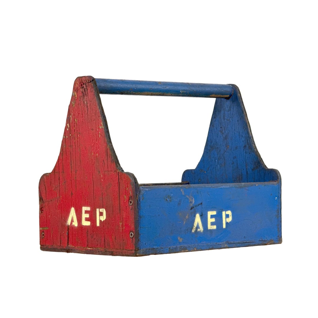Vintage 1960s Industrial Painted Red & Blue Wooden Tool Caddy Carrier W ...