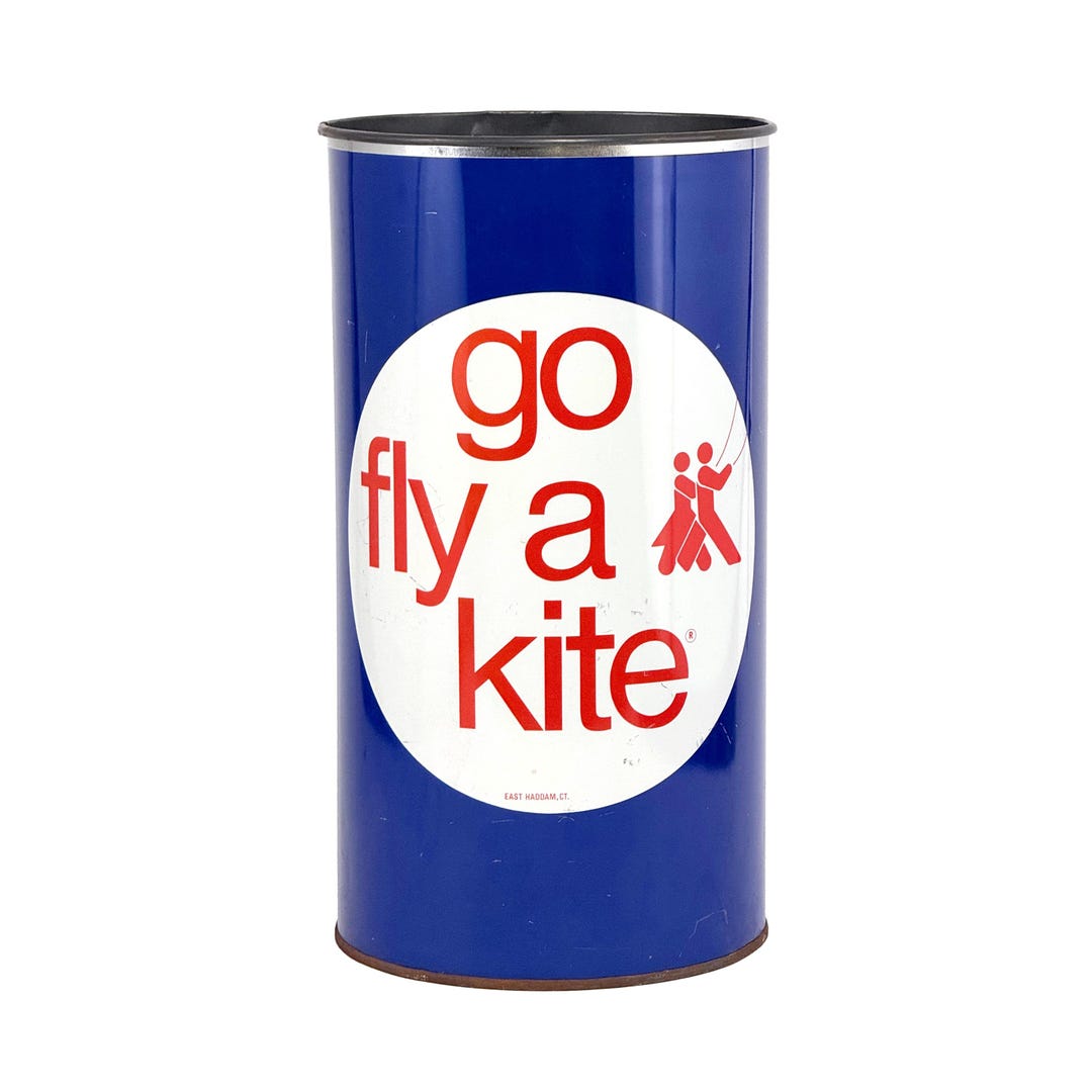 Vintage 1970s Tall Blue "go Fly A Kite" Tin Metal Waste Basket Trash ...