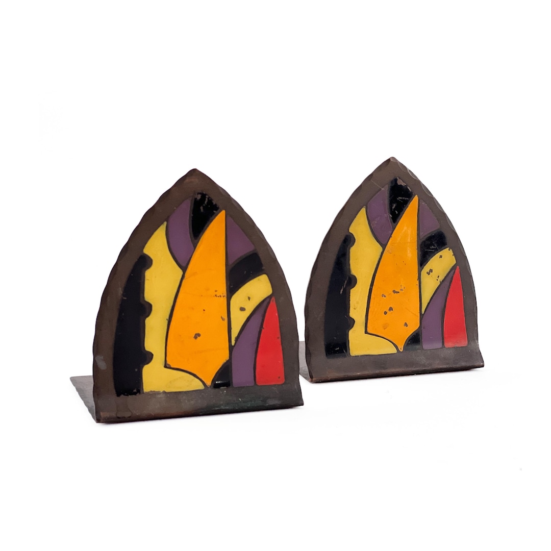 Vintage 1930s Pair of (2) Arts & Crafts Hammered Copper Enamel Bookends ...