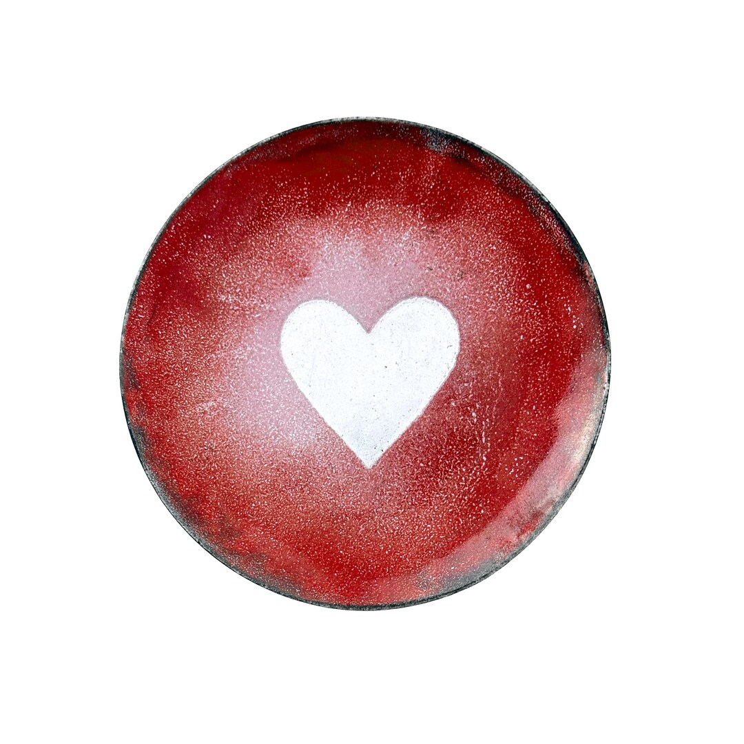 Vintage 1960s 5" Red Enamel Heart Ring Dish W/ White Heart - Mid ...