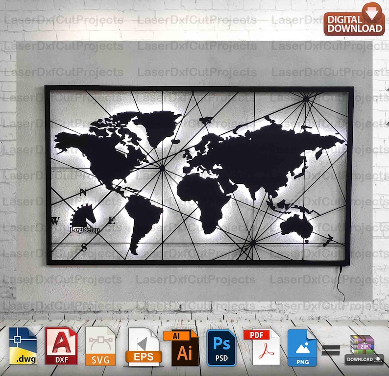 World Map Laser Cut File Vector Map Design (SVG DXF) Digital File for ...