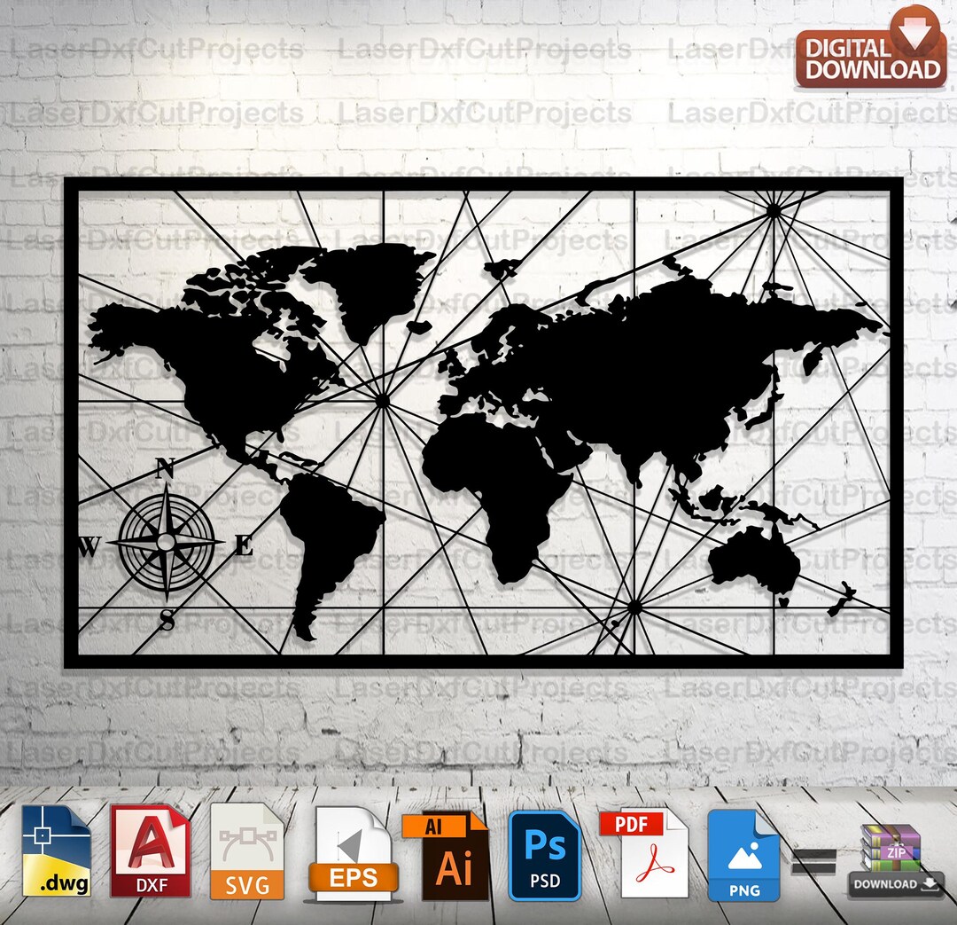 World Map Laser Cut File Vector Map Design (SVG DXF) Digital File for ...