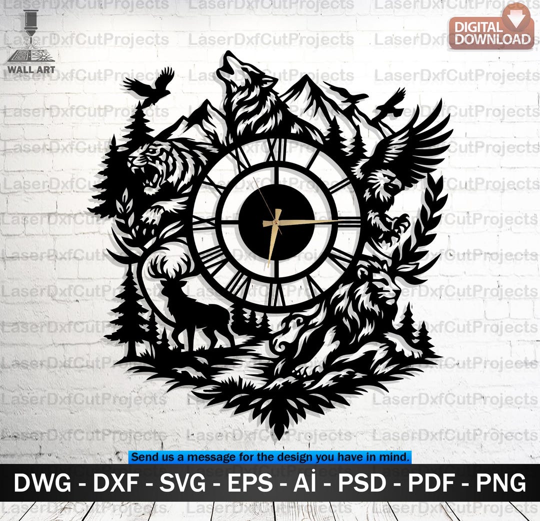 Rustic Forest Animals Wall Clock SVG DXF – CNC Laser Cut Metal Design ...
