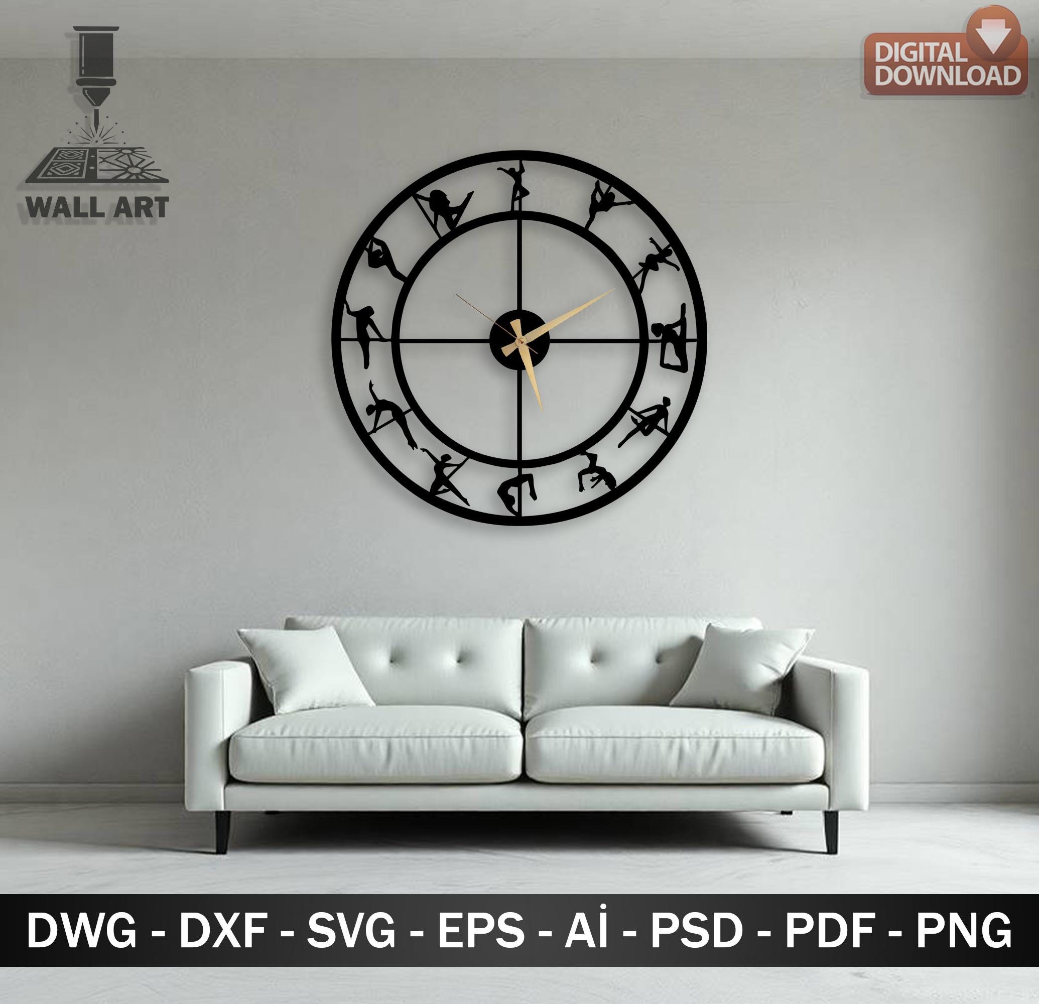 Pole Dance Clock SVG DXF Digital Wall Clock Design (instant Download ...