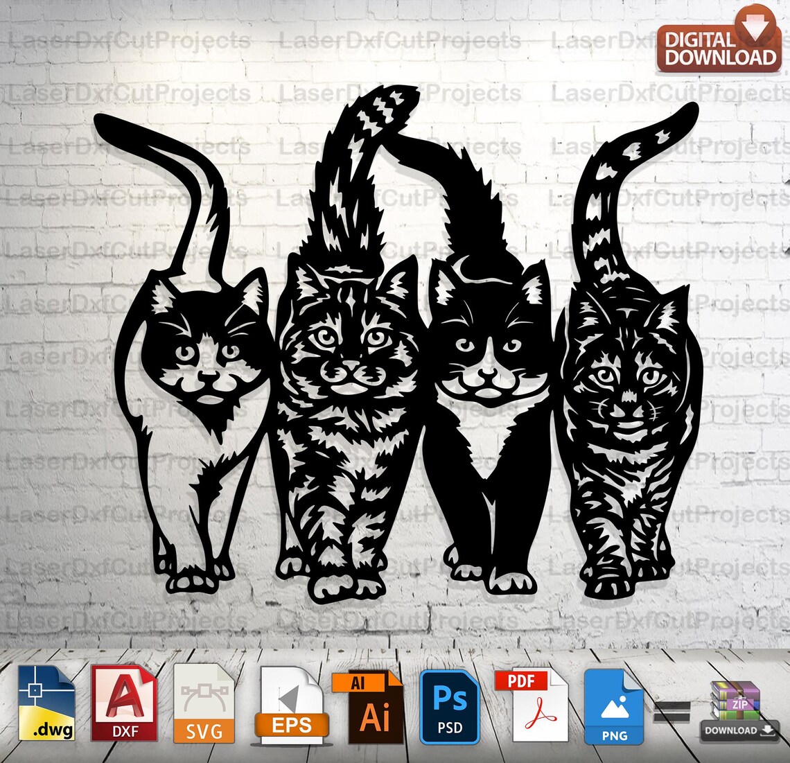 4 Cats Laser Cut Wall Art: CNC Metal Wood Vinyl (digital Download - Etsy