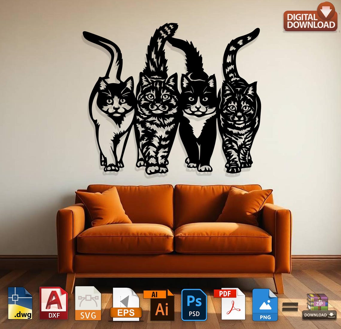 4 Cats Laser Cut Wall Art: CNC Metal Wood Vinyl (digital Download - Etsy