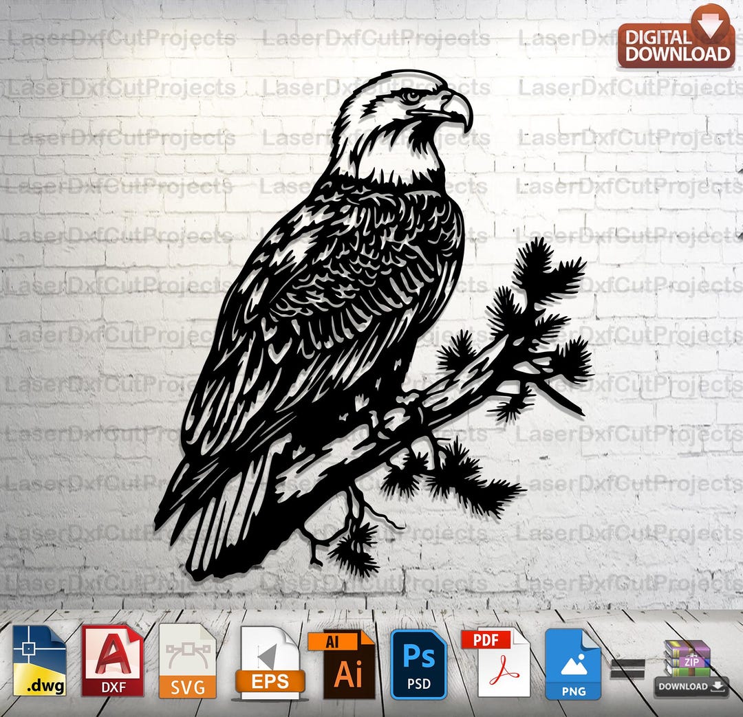 Eagle on Branch SVG DXF – Laser Cut File for Wood & Metal, CNC Vector, T-shirt - Mug Print ...