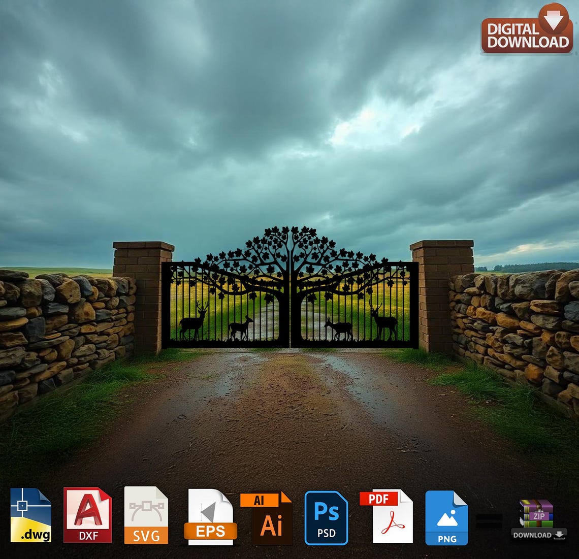 Wildlife Gate Vector Design: Deer & Tree CNC Panel (digital Download ...