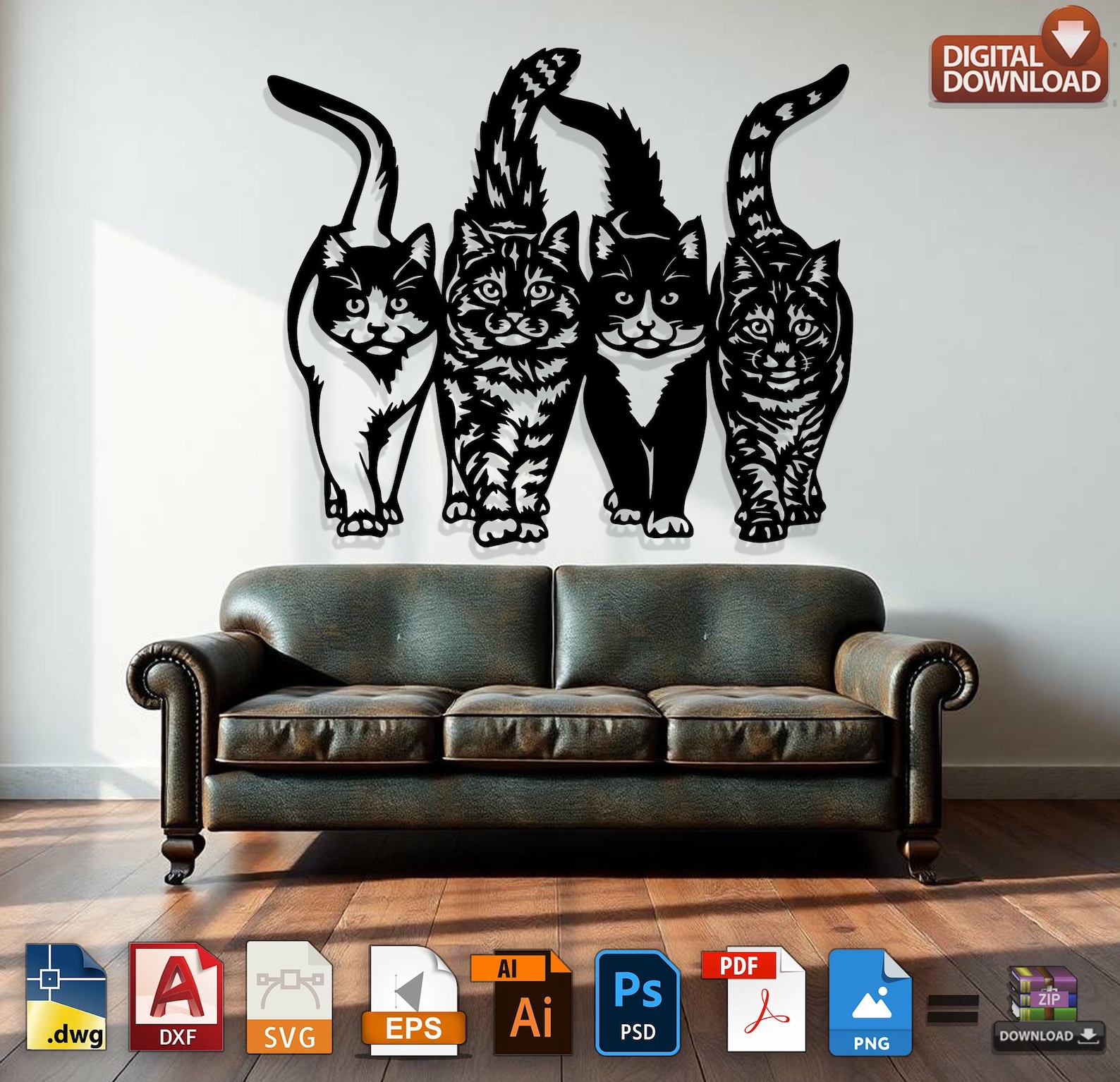 4 Cats Laser Cut Wall Art: CNC Metal Wood Vinyl (digital Download - Etsy