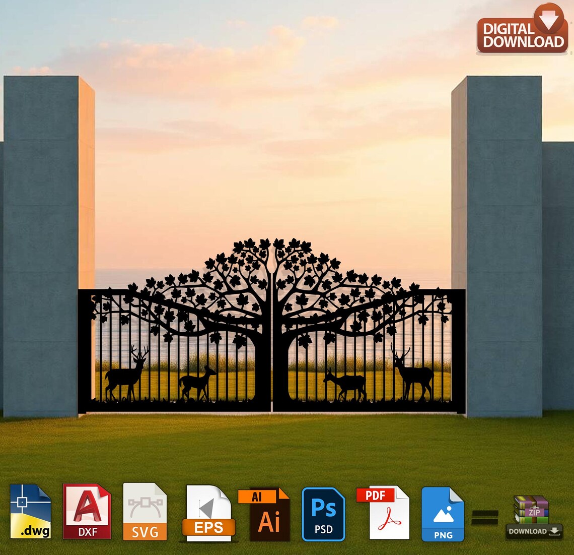 Wildlife Gate Vector Design: Deer & Tree CNC Panel (digital Download ...