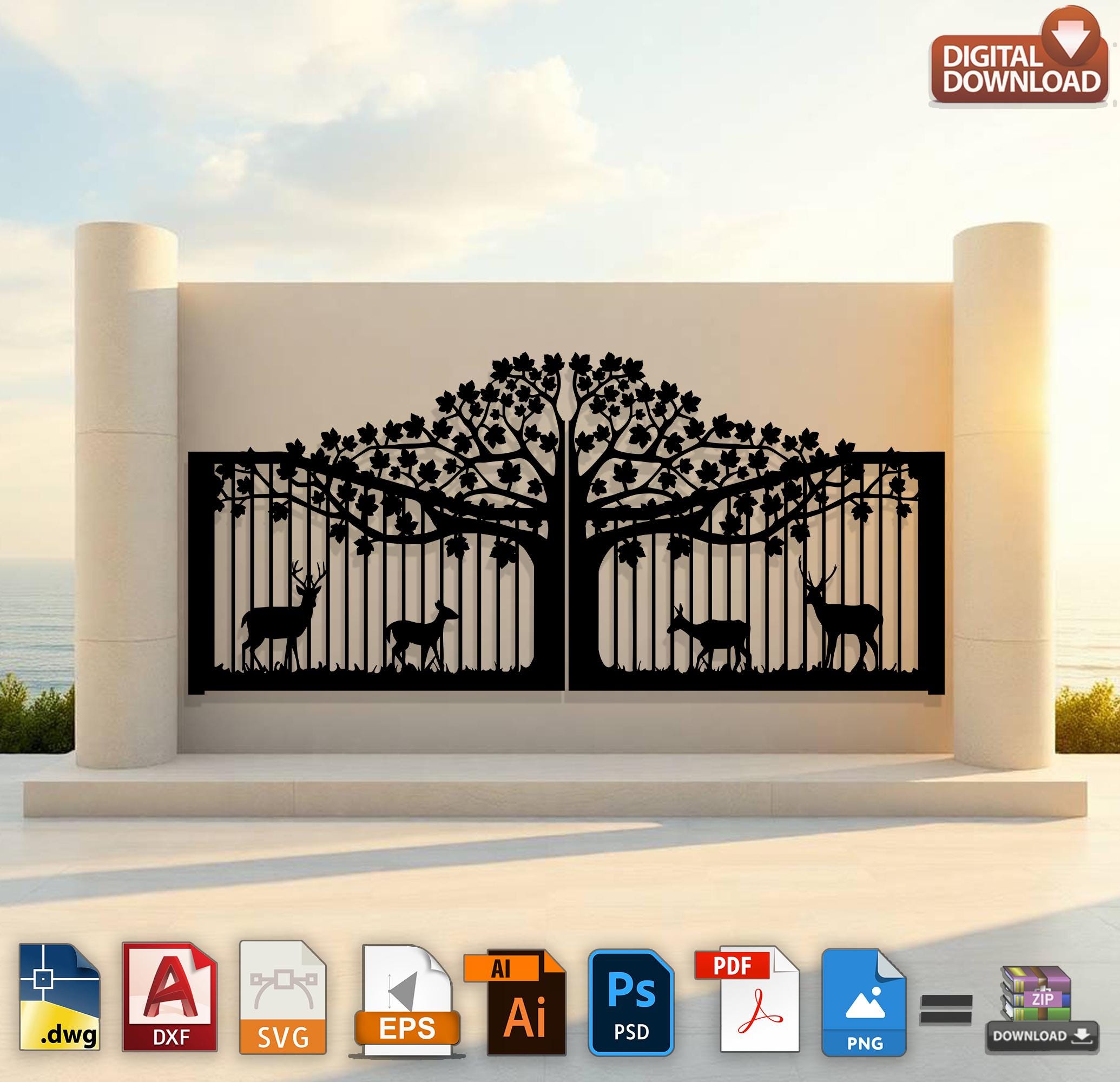Wildlife Gate Vector Design: Deer & Tree CNC Panel (digital Download ...