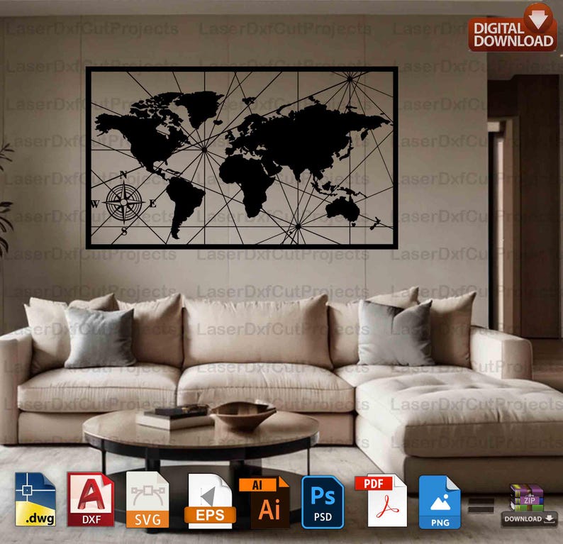 World Map Laser Cut File Vector Map Design (SVG DXF) Digital File for ...