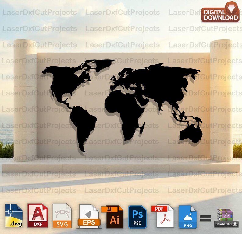 World Map Laser Cut Digital File – SVG and DXF Download, Metal Wall Art ...