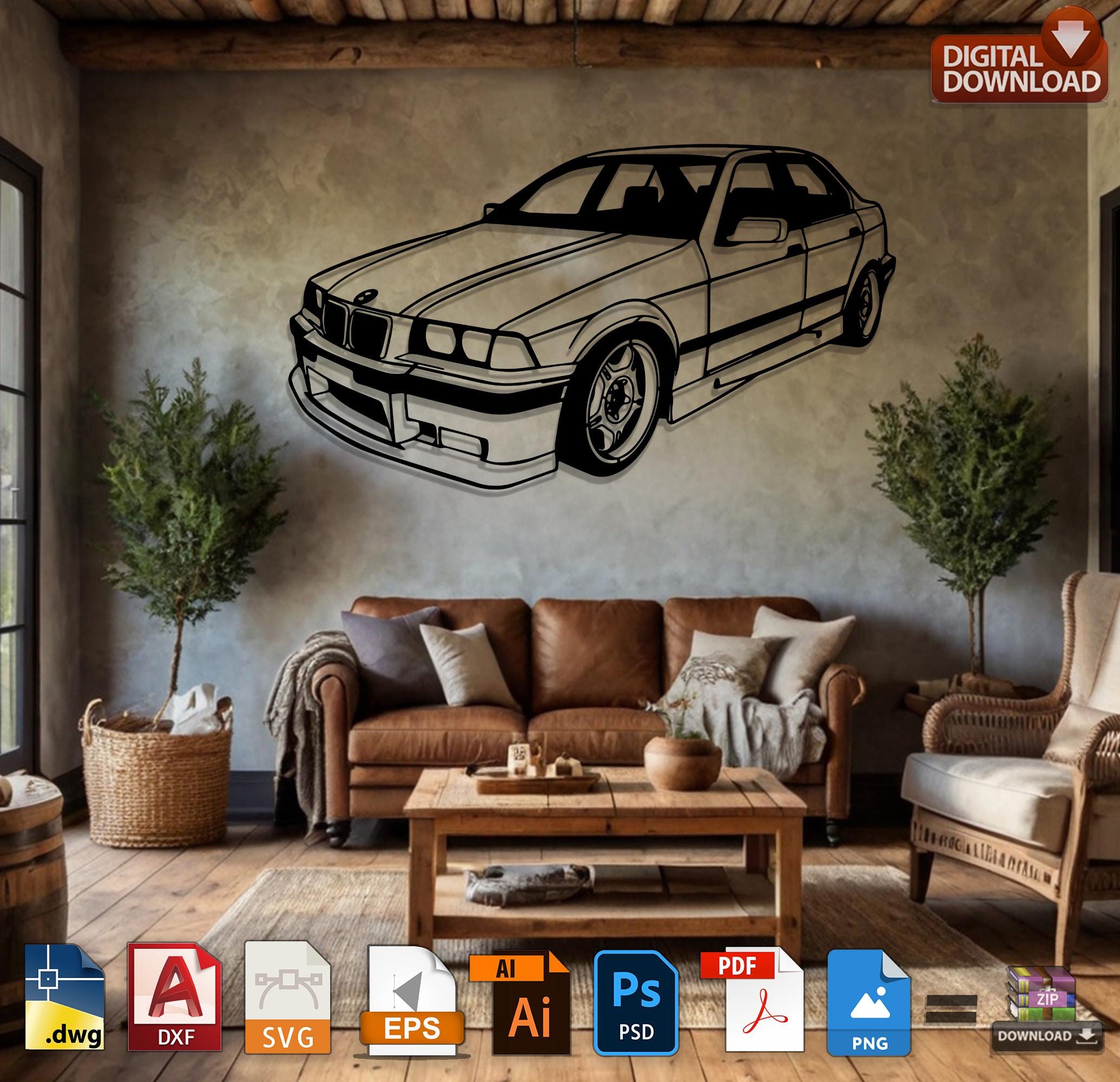 BMW E36 Vector SVG DXF Laser Cut Car File Png Line Art Drawing ...