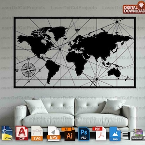 World Map Laser Cut File Vector Map Design (SVG DXF) Digital File for ...