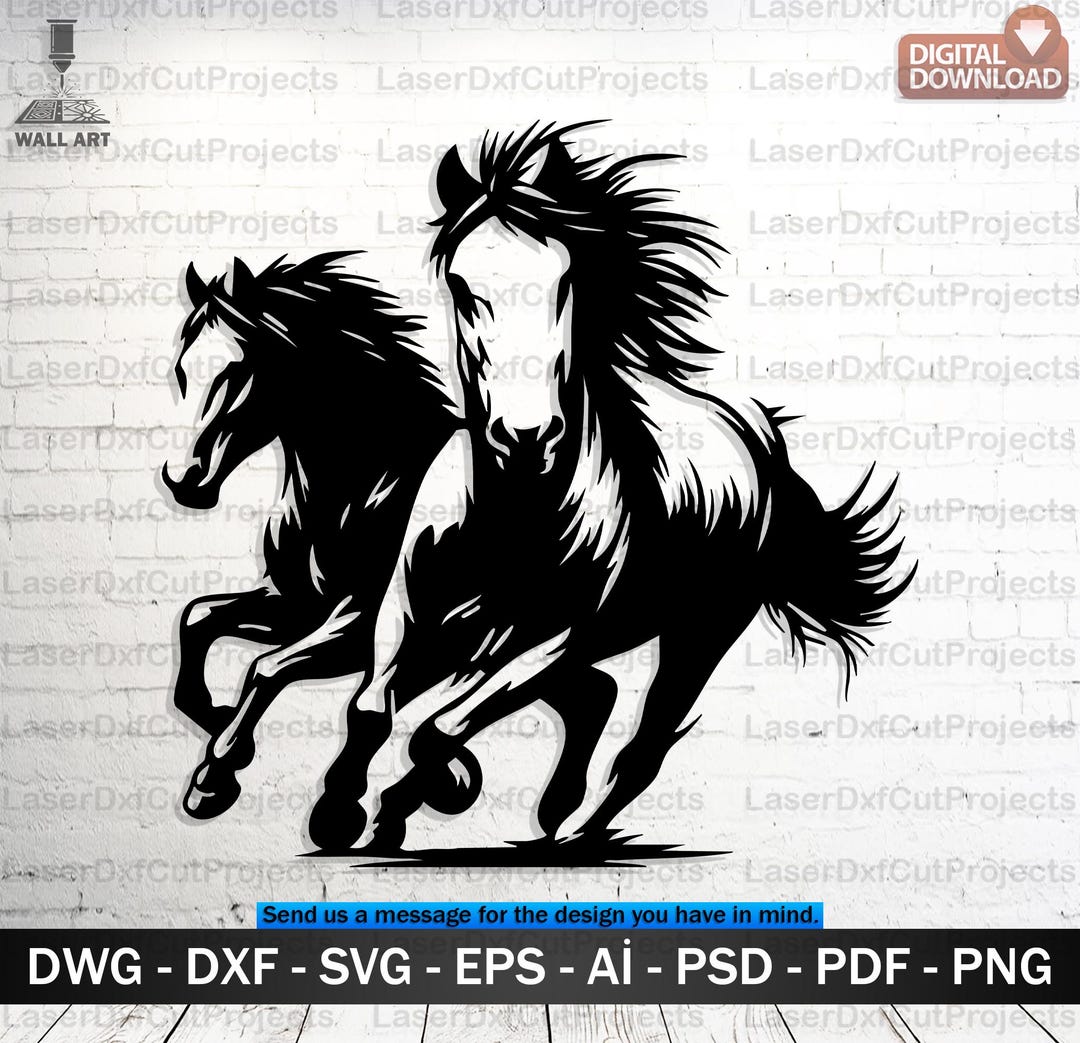 Running Horses DXF File – Two Horse Silhouette for Laser Cut Metal Wall ...