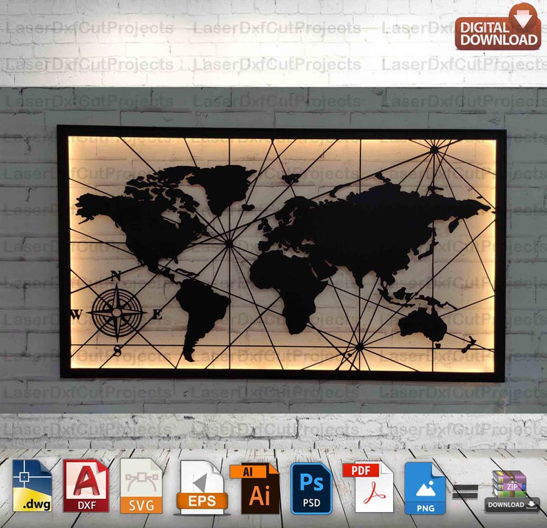 World Map Laser Cut File Vector Map Design (SVG DXF) Digital File for ...