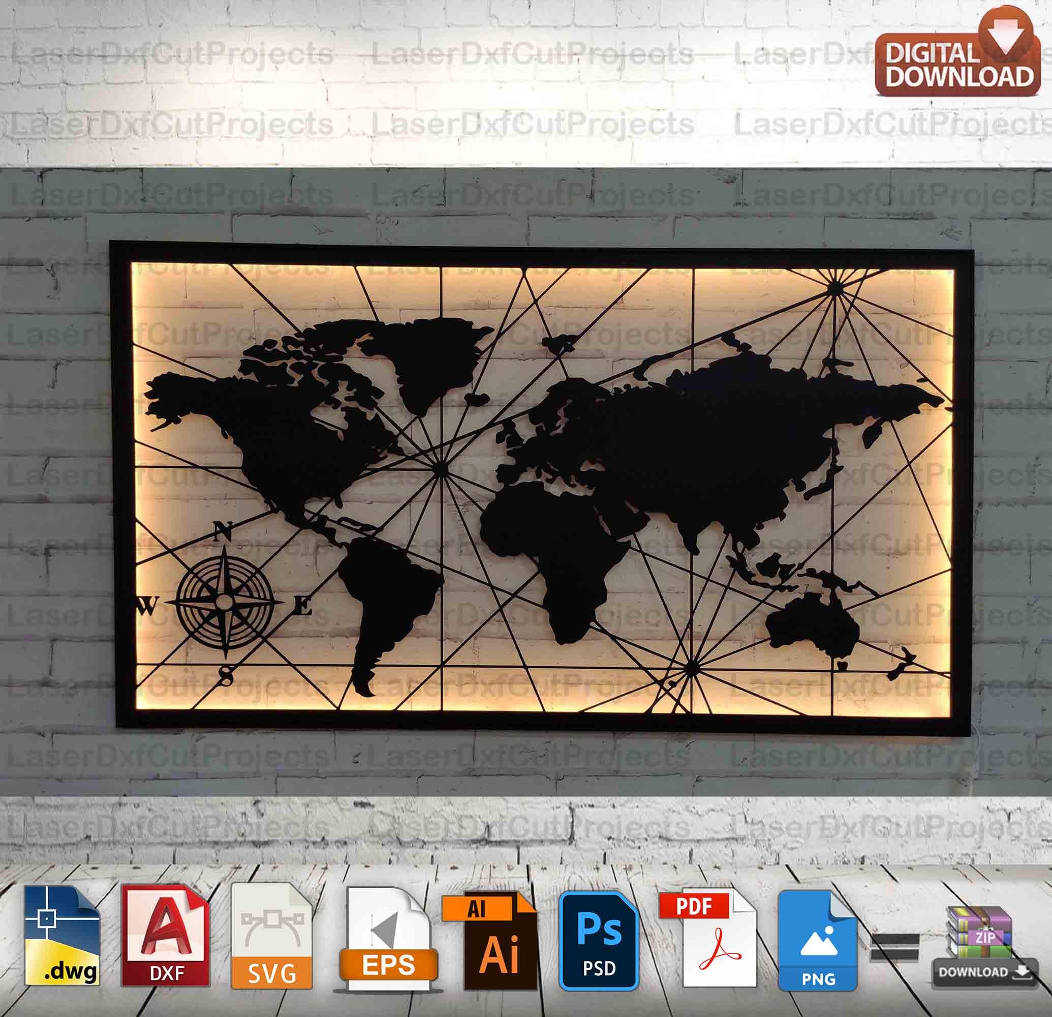World Map Laser Cut File Vector Map Design (SVG DXF) Digital File for ...