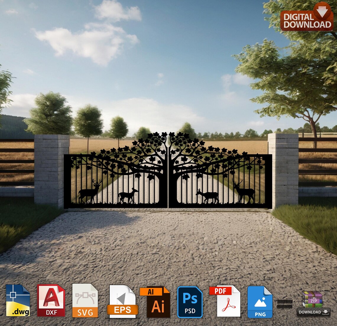 Wildlife Gate Vector Design: Deer & Tree CNC Panel (digital Download ...