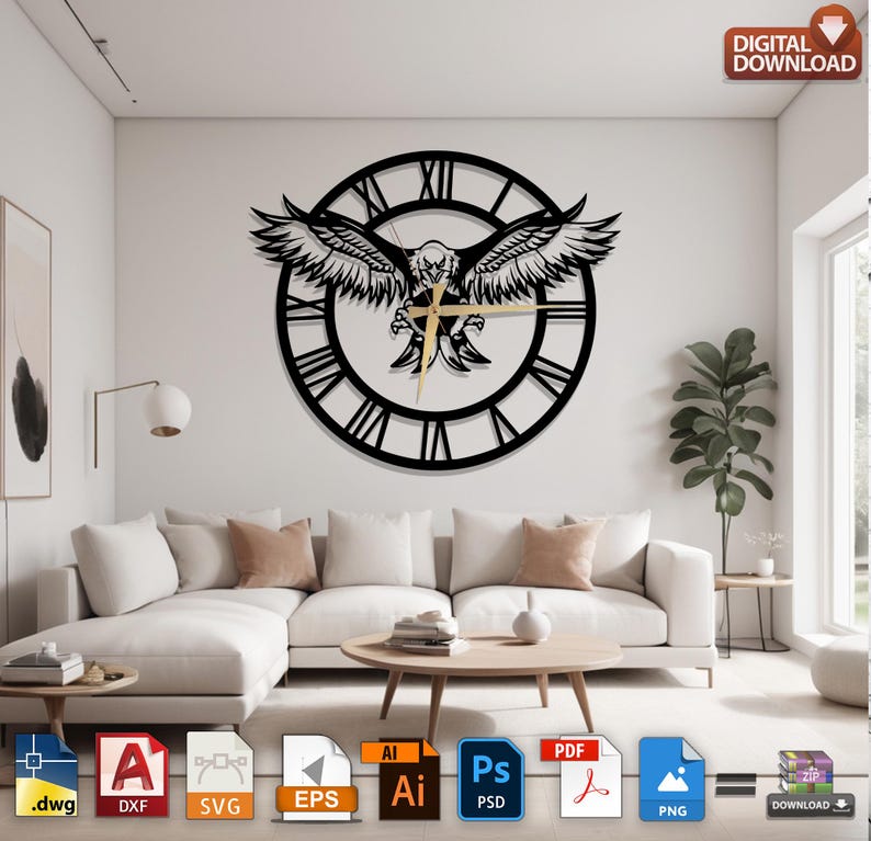 Eagle Clock SVG DXF File – Vector Cutting Template for Laser –american Eagle Wall Clock Digital ...