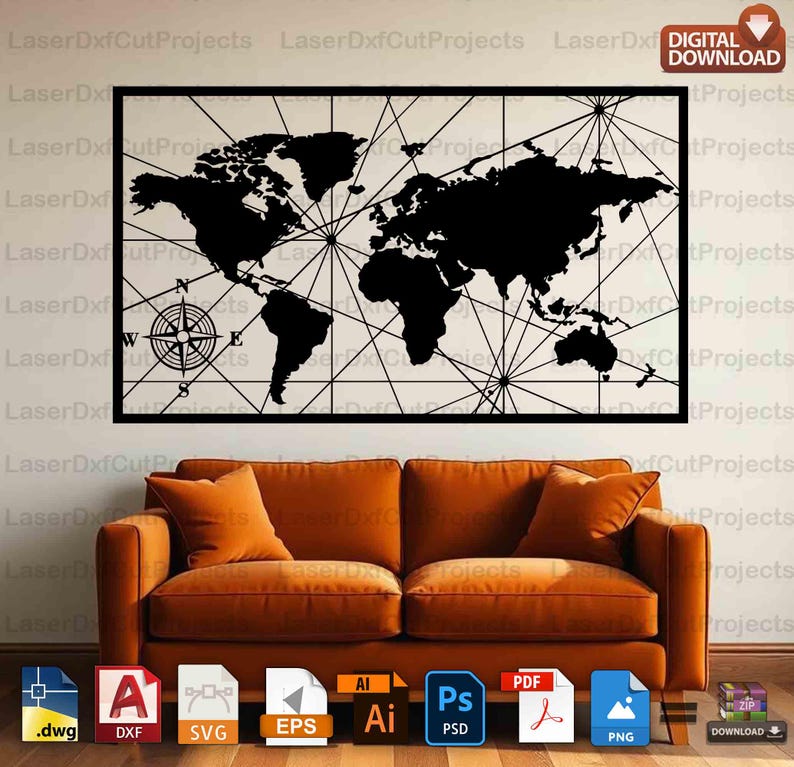 World Map Laser Cut File Vector Map Design (SVG DXF) Digital File for ...