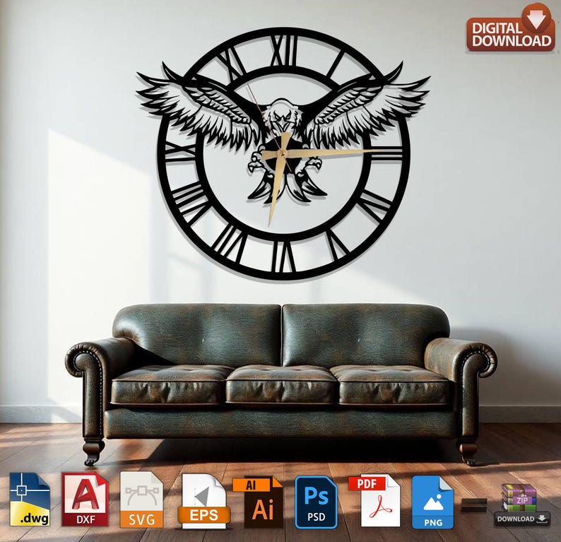 Eagle Clock SVG DXF File – Vector Cutting Template for Laser –american Eagle Wall Clock Digital ...