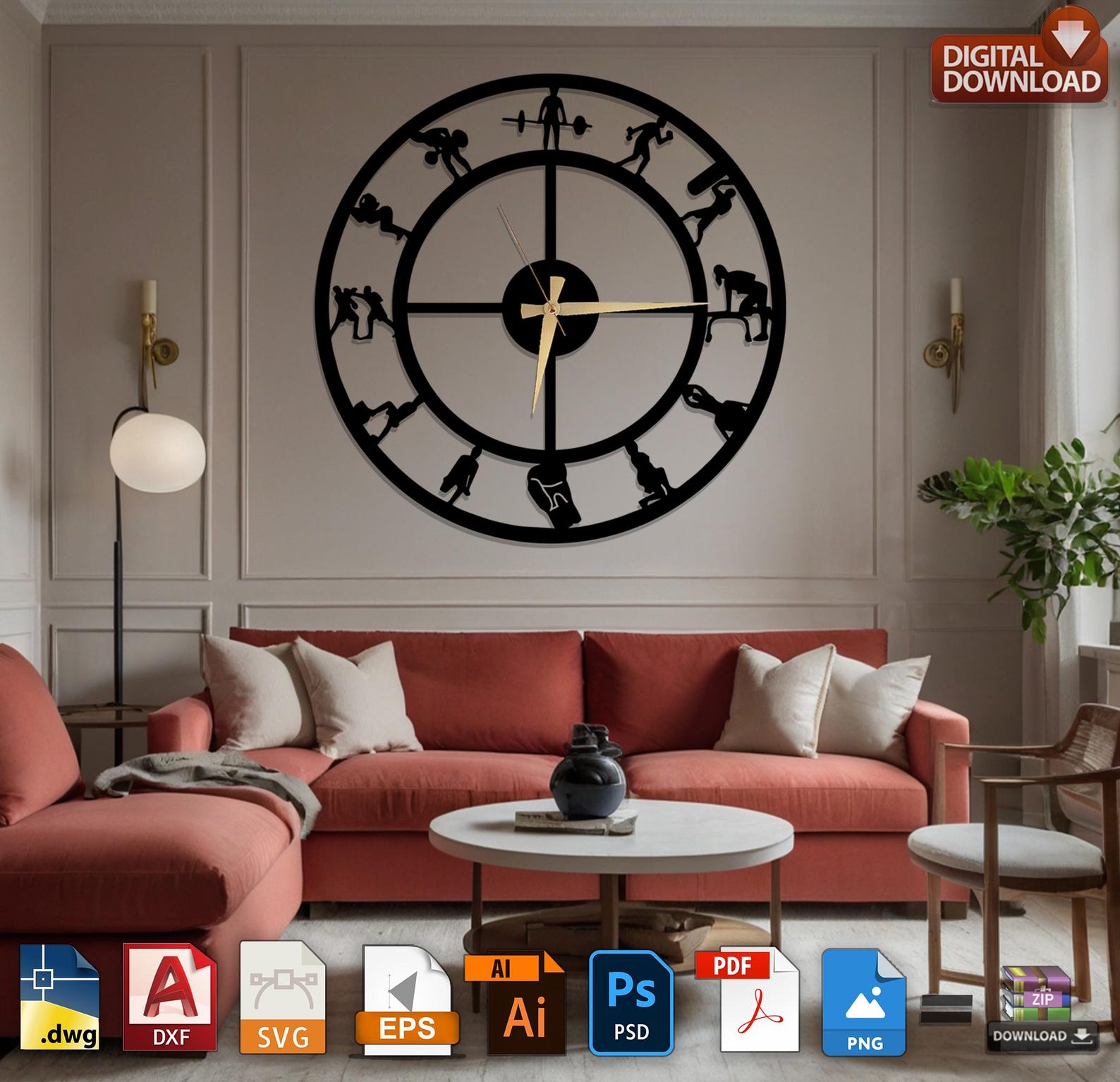 Gym Wall Clock Laser Cut File: Fitness Art, CNC Plasma Vector (digital ...