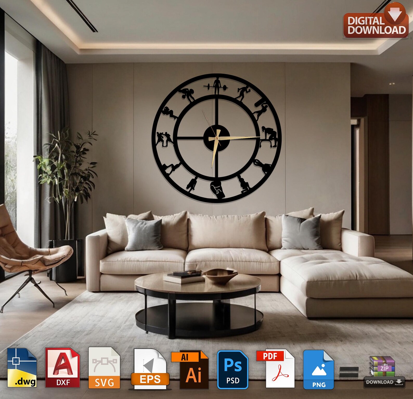 Gym Wall Clock Laser Cut File: Fitness Art, CNC Plasma Vector (digital ...