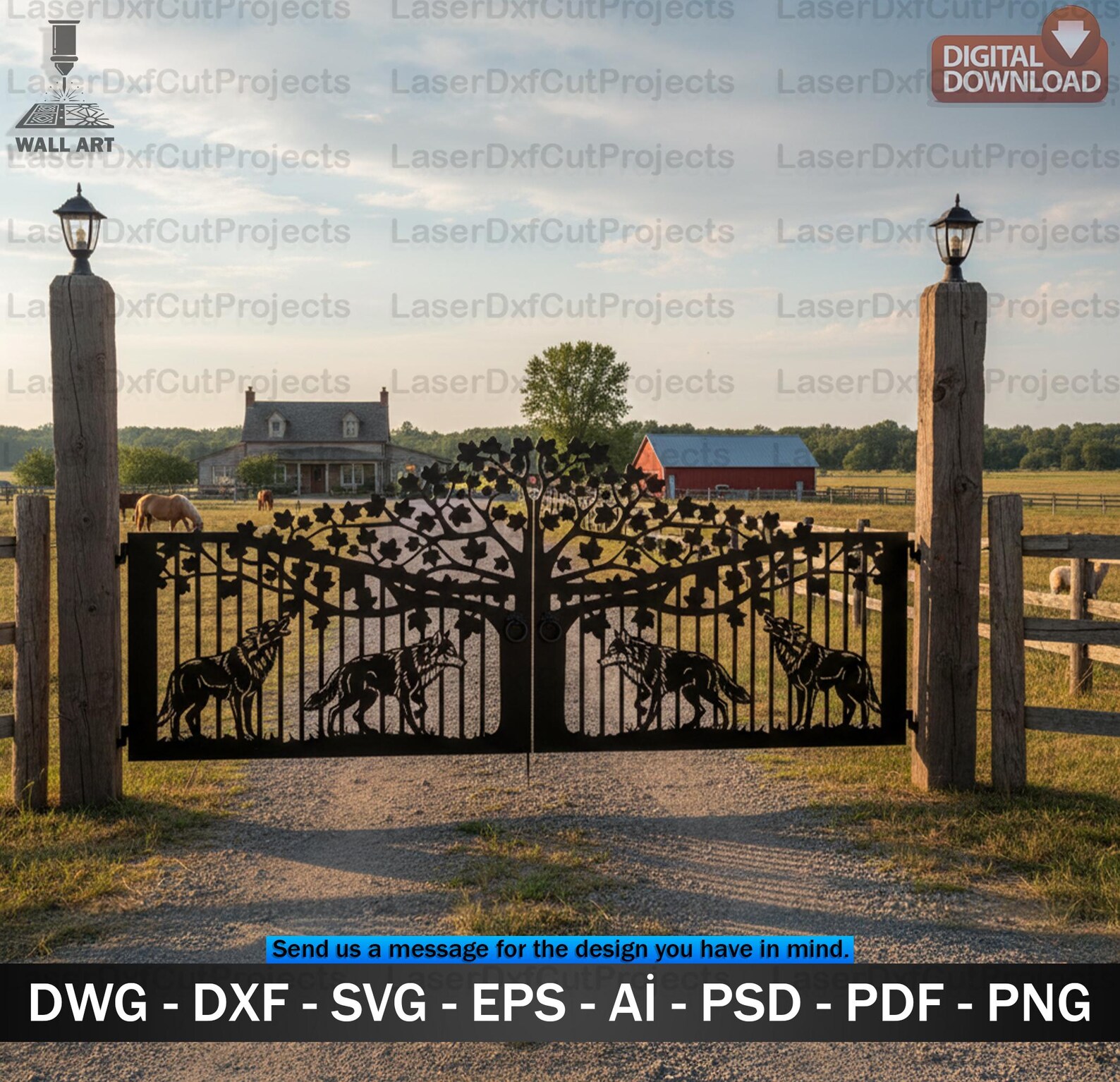 Wolf & Tree Gate DXF SVG – CNC Laser Cut Garden Entrance Panel Vector ...