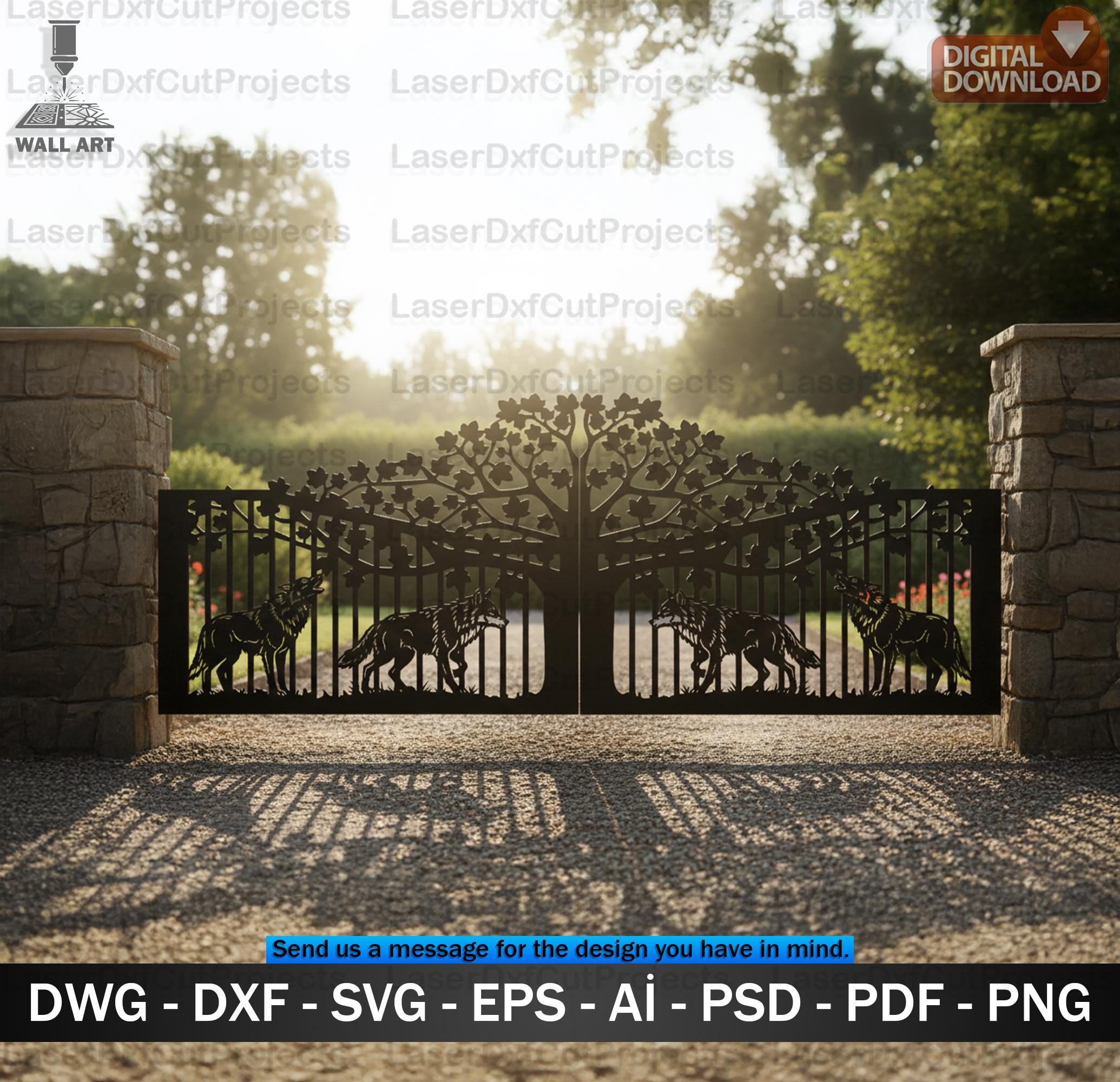 Wolf & Tree Gate DXF SVG – CNC Laser Cut Garden Entrance Panel Vector ...