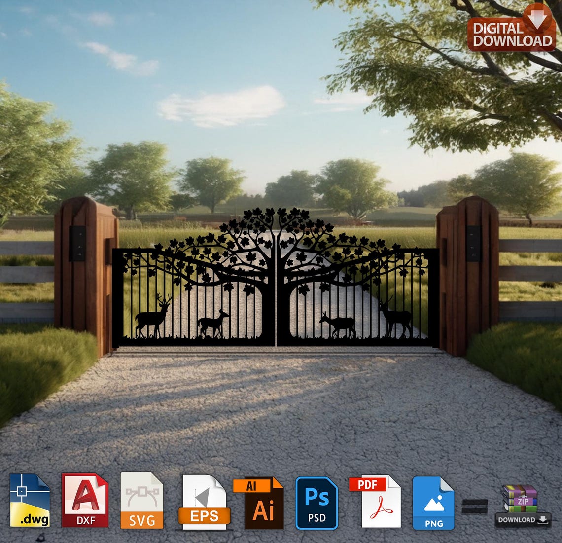 Wildlife Gate Vector Design: Deer & Tree CNC Panel (digital Download ...