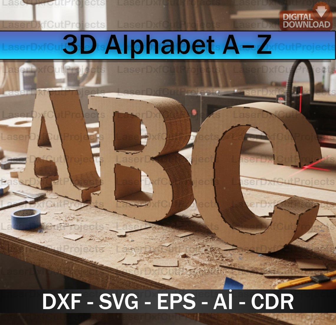 3D Alphabet A–Z & - SVG DXF CDR – Laser Cut Letters Vector Files - Etsy