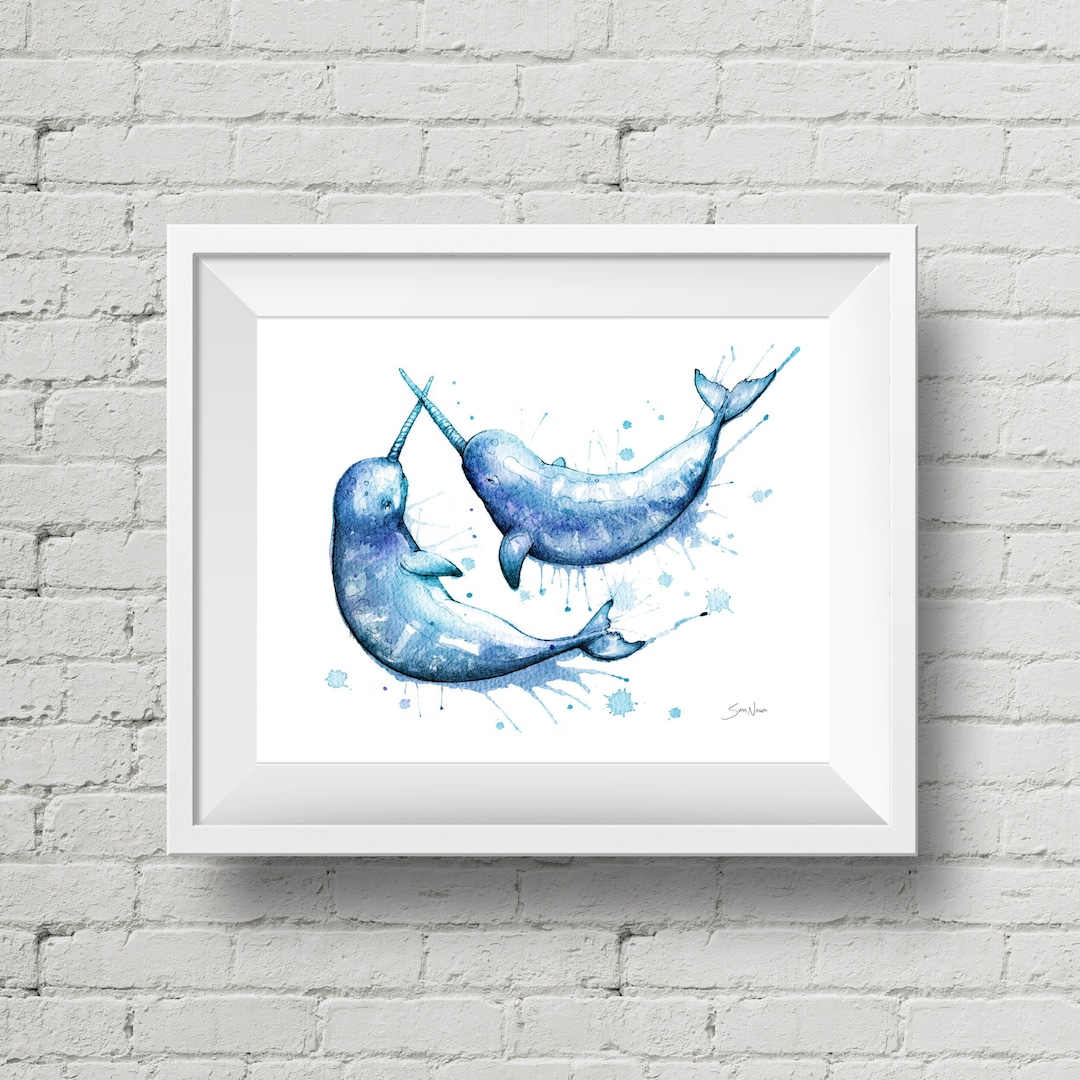 BLUE Playful Narwhals 2 : Art Print Watercolor Narwhal Whale Painting ...