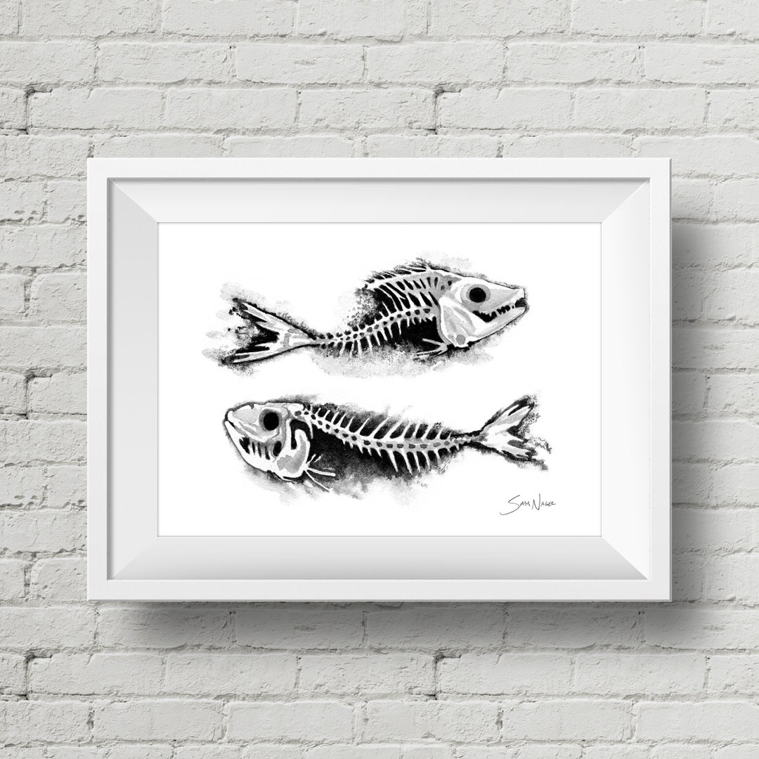 Fish Bones : Art Print, Spooky Pirate Fish Watercolor Ink Painting - Etsy