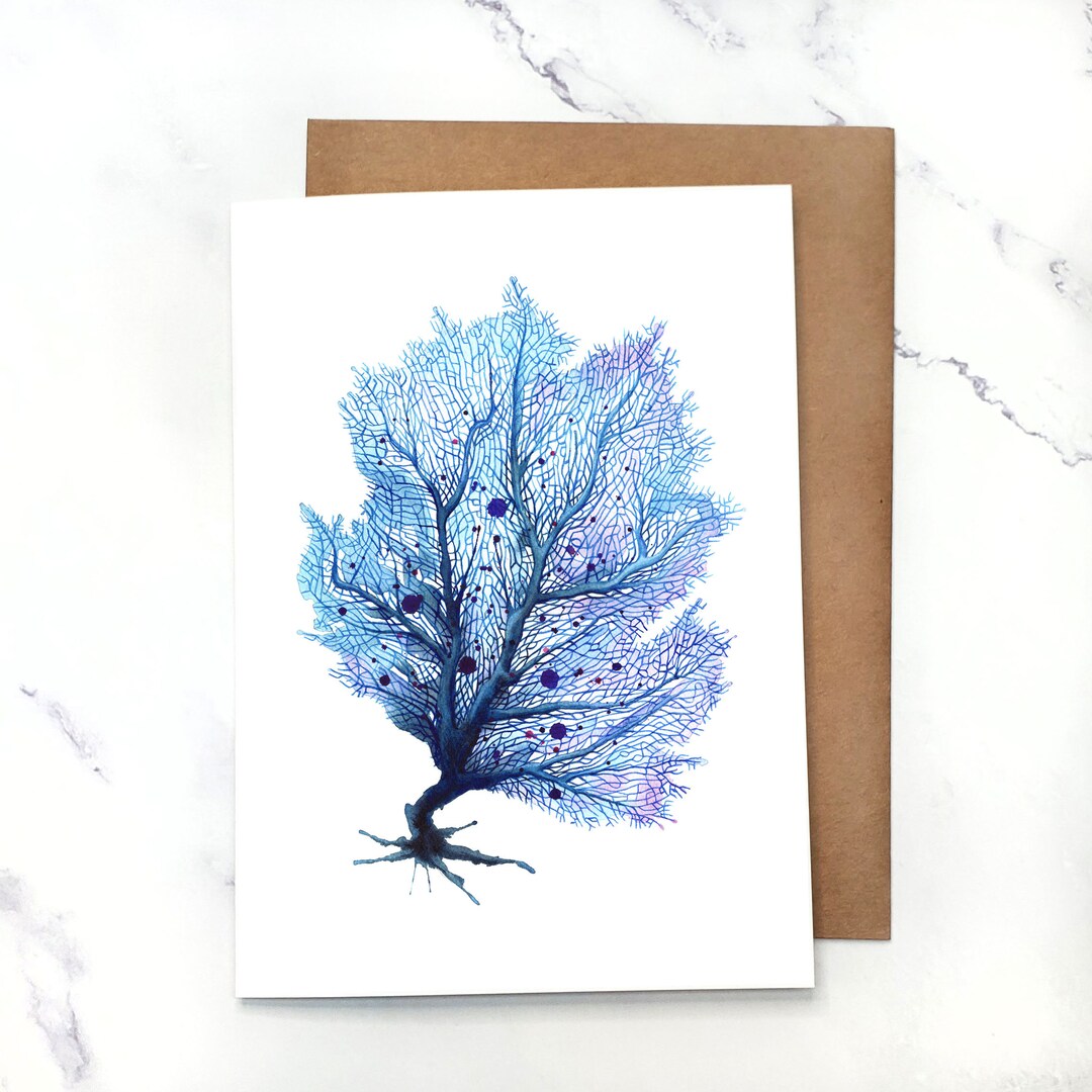 Fan Coral Blue | Greeting Card Blank Inside | A7 5x7" Card With ...