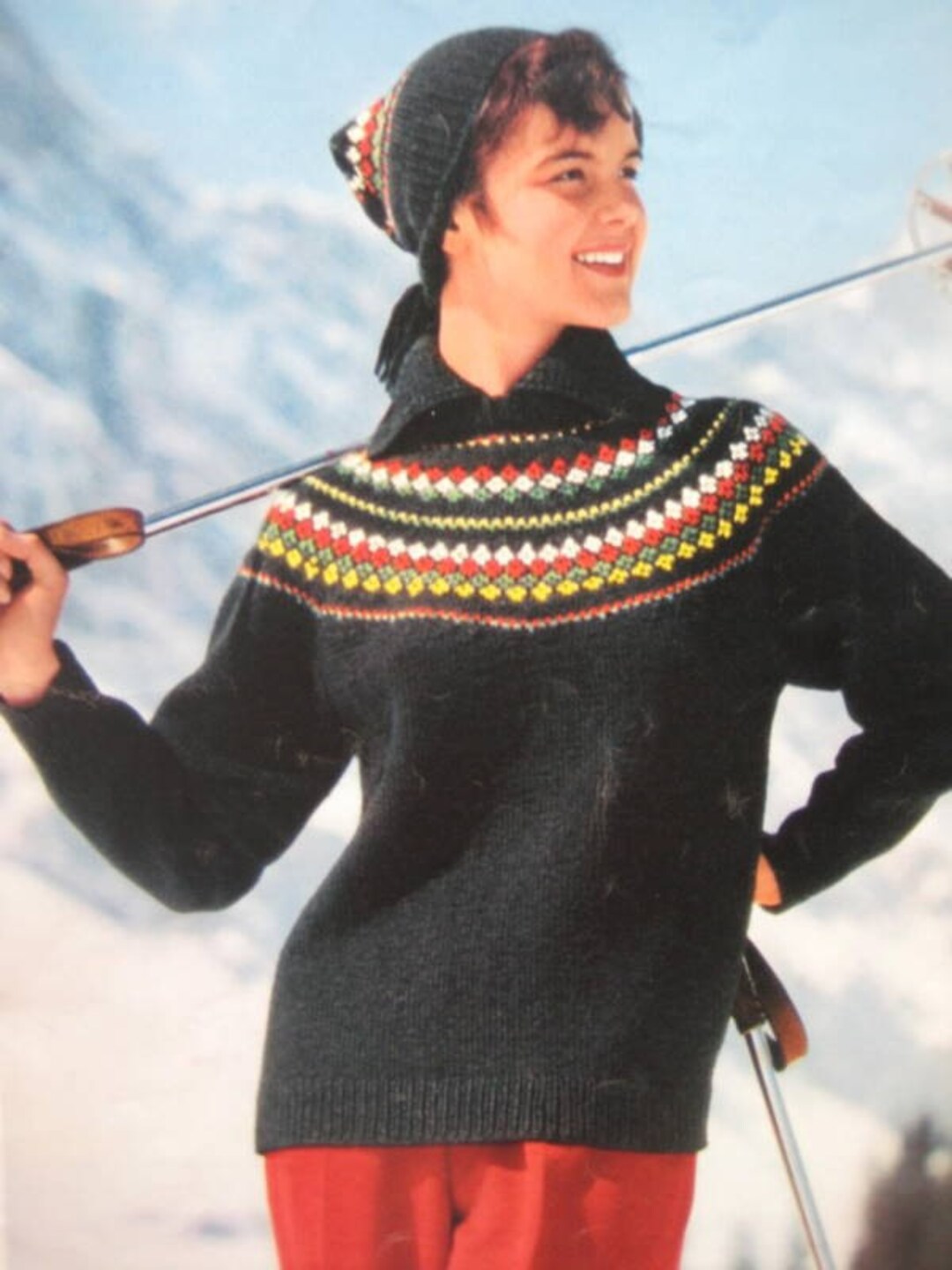 1950's Vintage Pattern, Knit Ski Sweater and Matching Hat PDF Patterns ...