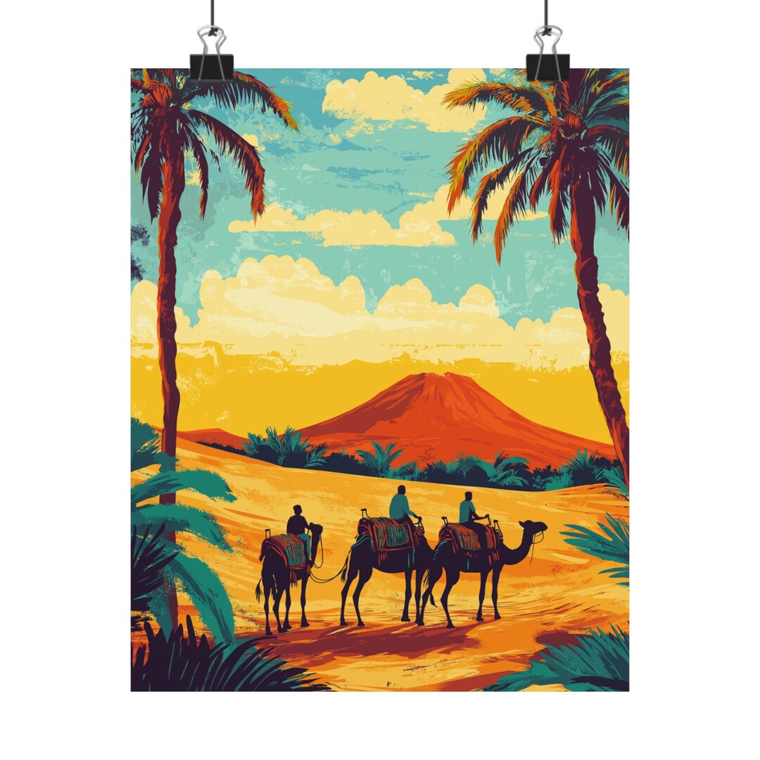 Sahara Desert Retro Travel Poster. Camel Caravan Vintage Wall Art, 70s ...