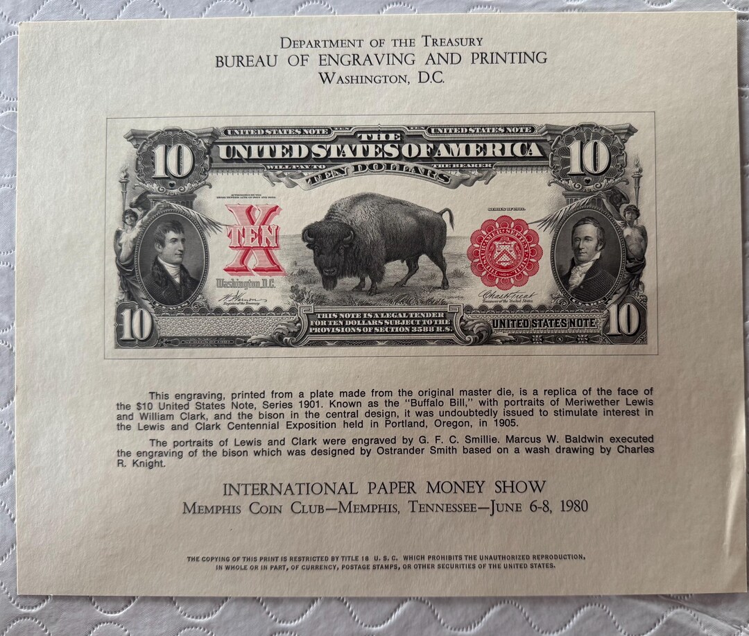 1980 BEP Souvenir Card – 1901 10 Dollar “buffalo Bill” US Note Replica ...