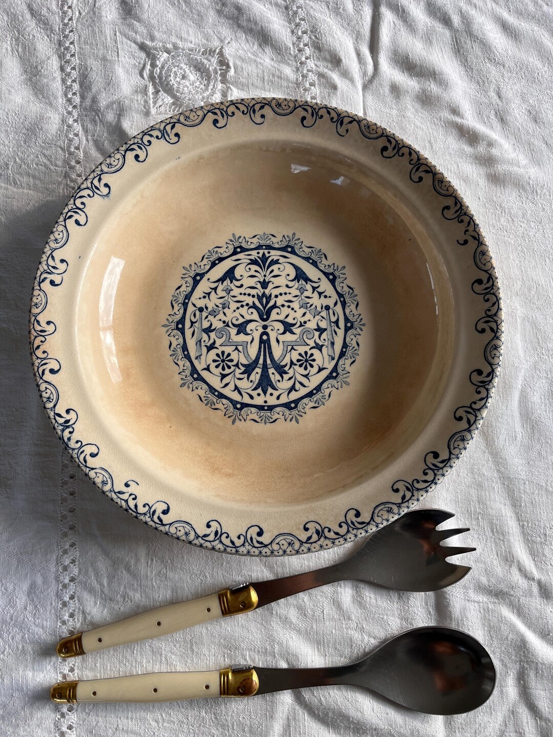 Large Antique French Round Dish, Salad Bowl , Légumier - Faïence De ...