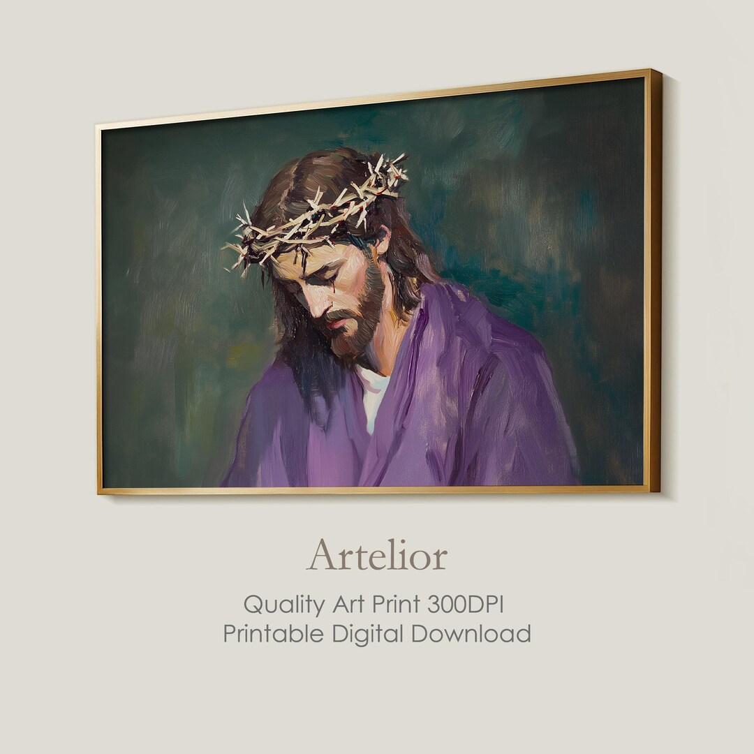 Jesus Crown of Thorns Art Print, Passion of Christ, Purple Robe Dark ...
